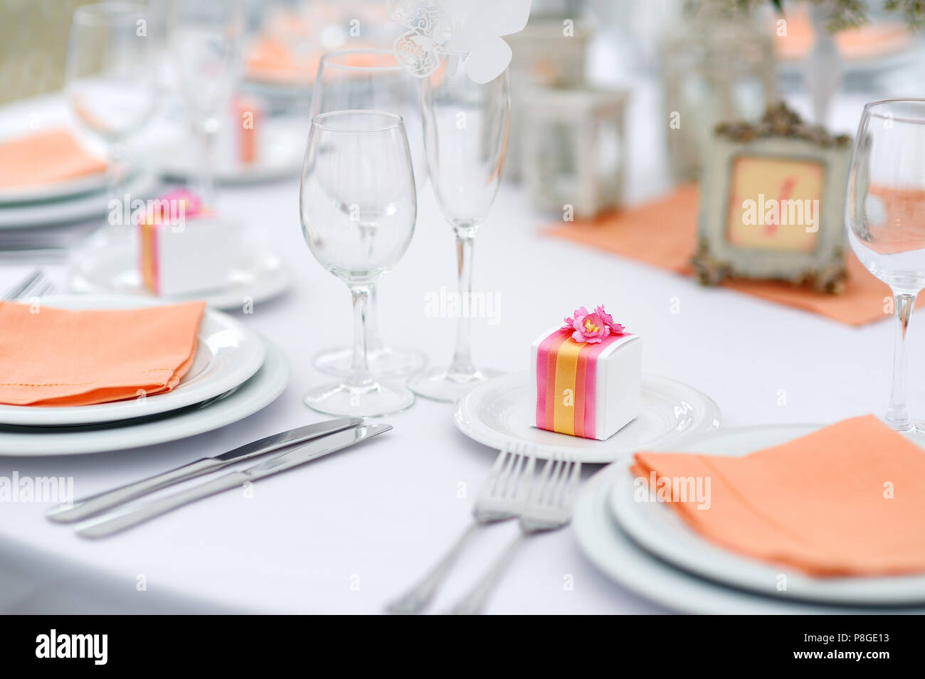 Table set for an event party or wedding reception, spring theme Stock ...