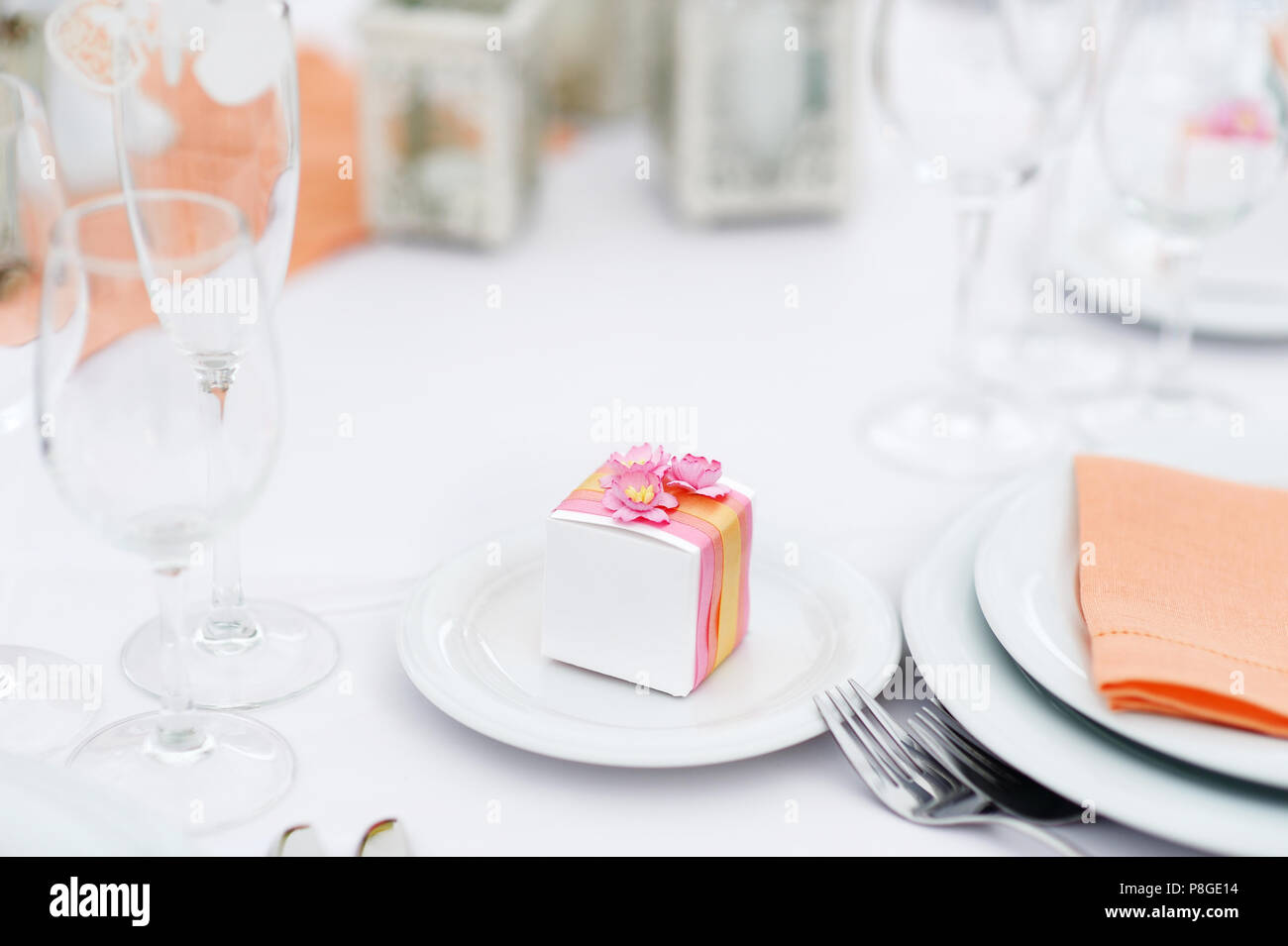 Table set for an event party or wedding reception, spring theme Stock ...