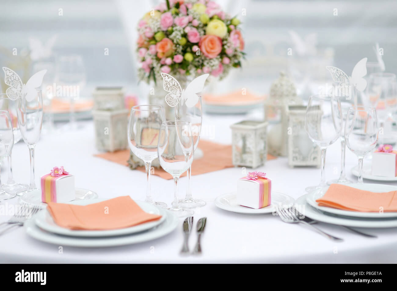 Table set for an event party or wedding reception, spring theme Stock ...