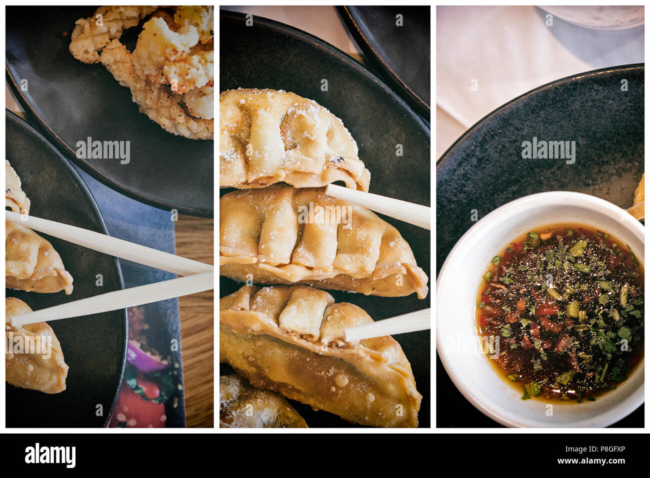 Japanese snacks of fried gyoza and strips of seasoned, crispy squid ...