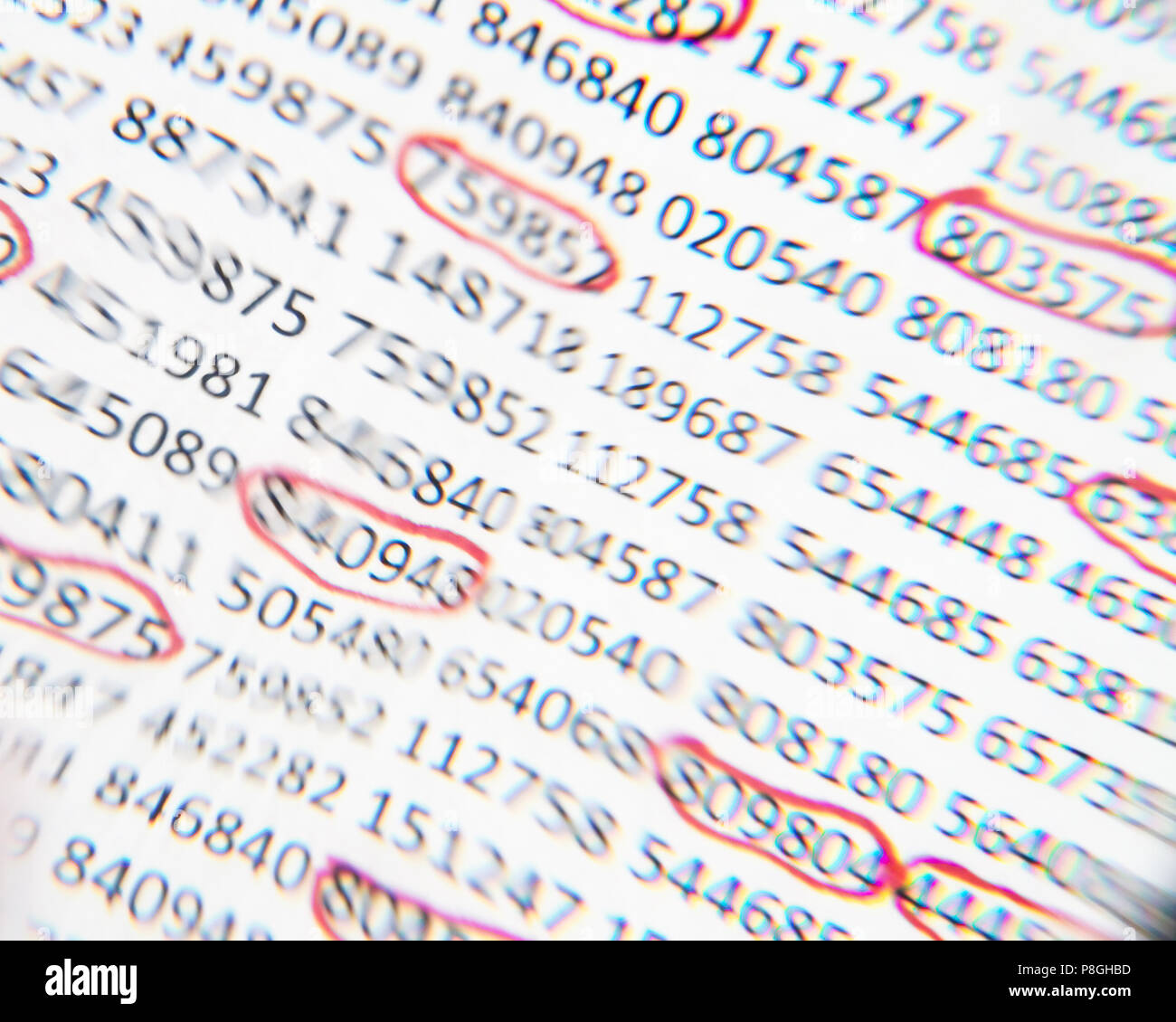 Image of numbers with some circled in red taken through a lens that ...