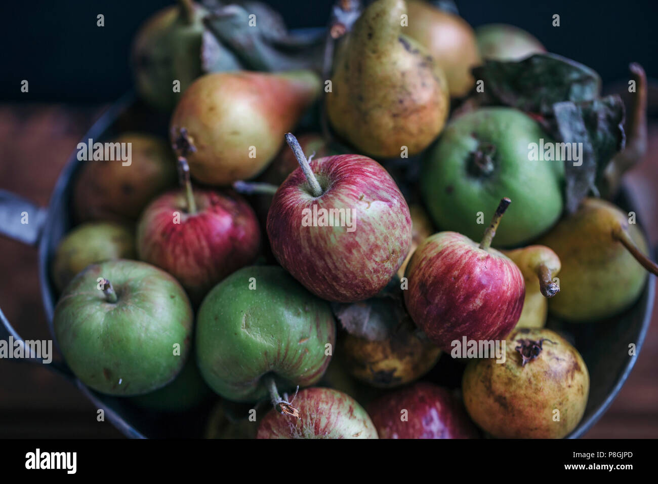 Organic apples and pears in a rustic bucket Stock Photo - Alamy