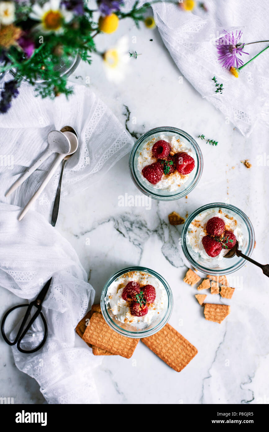 Cream of mascarpone cheese dessert pots Stock Photo - Alamy