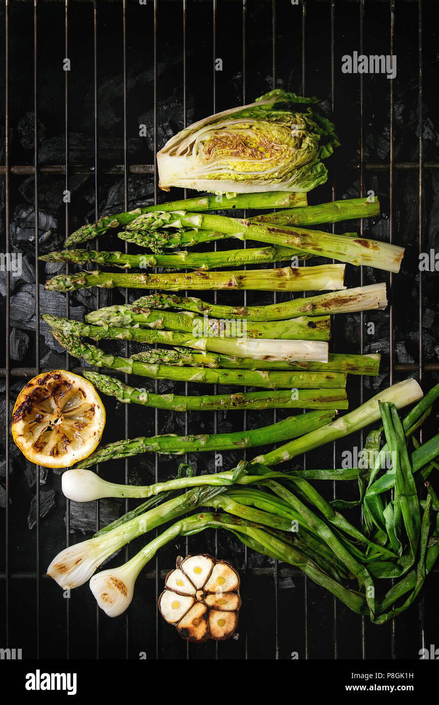 Grilled vegetables green asparagus, garlic, lemon, spring onion, salad ...