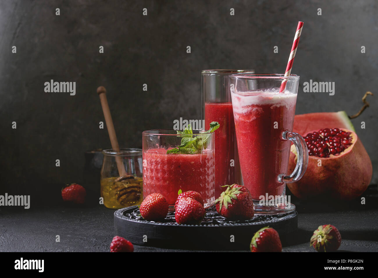 Three different red fruit berry watermelon, strawberry, raspberry ...