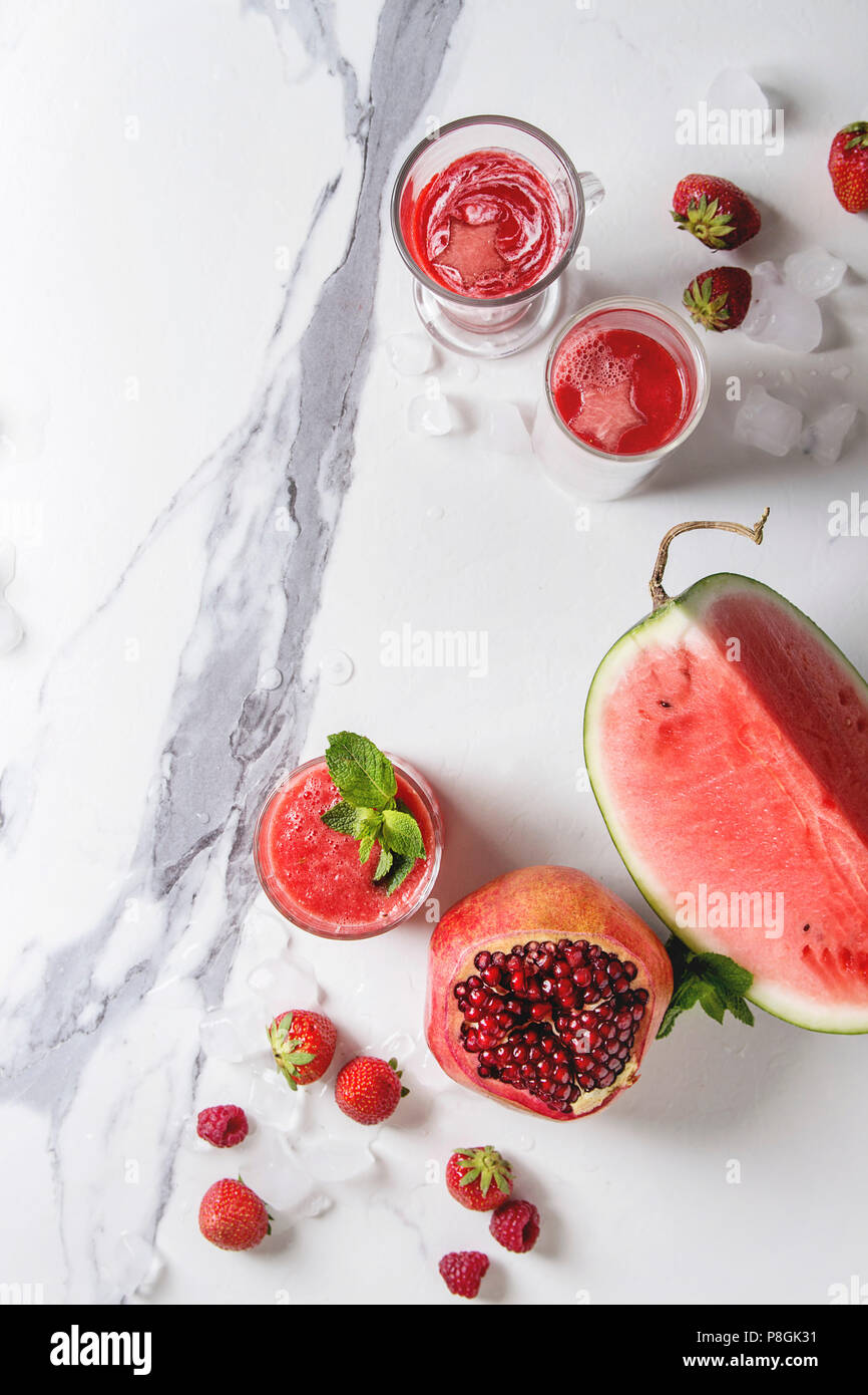 Three different red fruit berry watermelon, strawberry, raspberry ...
