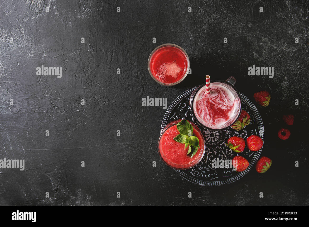 Three different red fruit berry watermelon, strawberry, raspberry ...