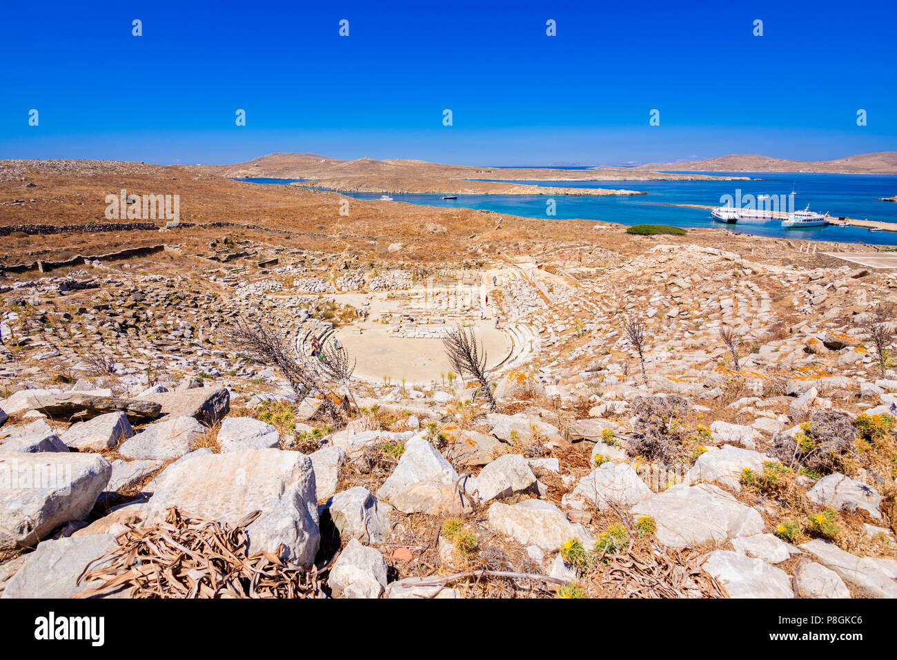 Ancient ruins in the island of Delos in Cyclades, one of the most ...