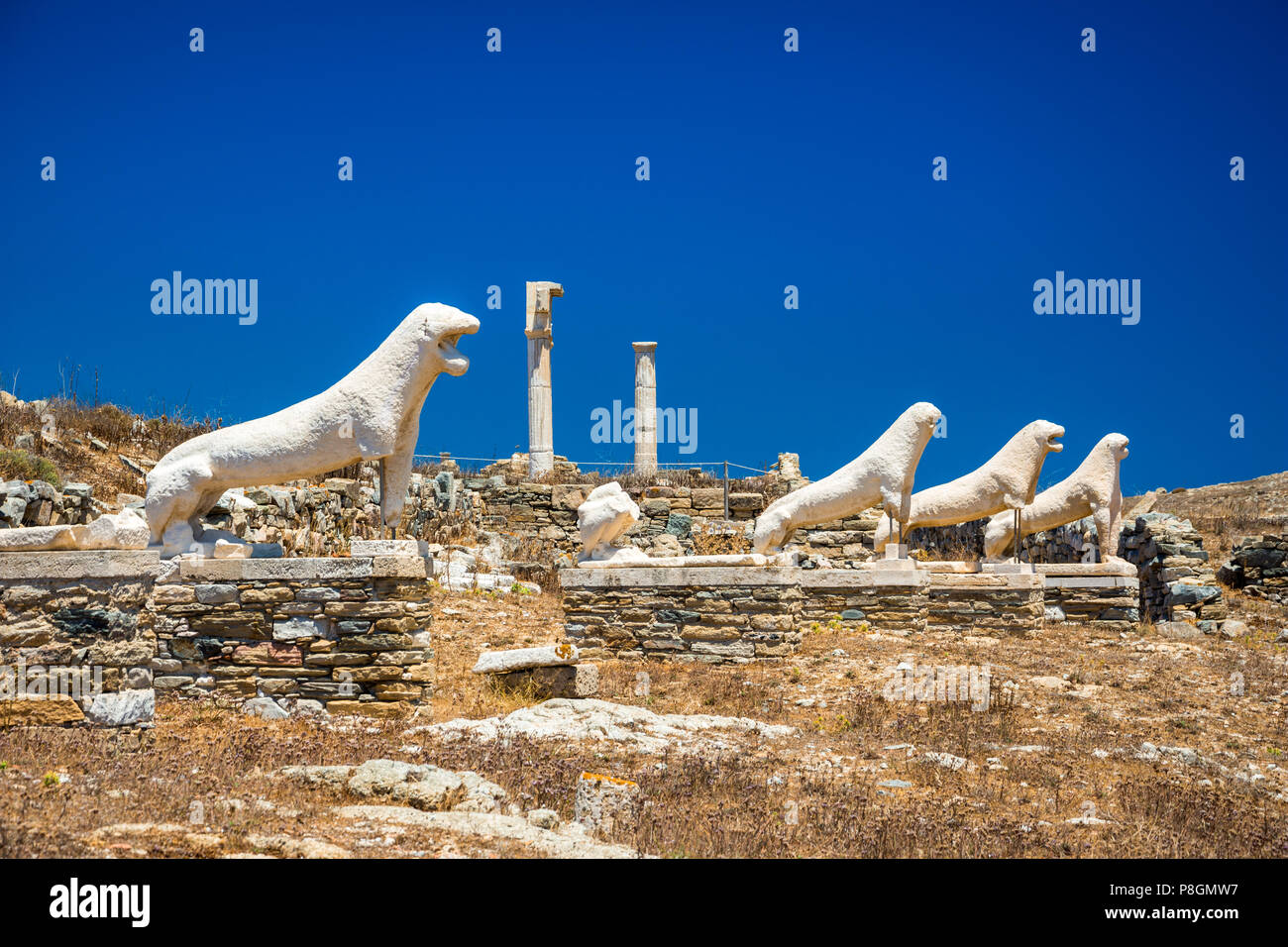 Ancient ruins in the island of Delos in Cyclades, one of the most ...