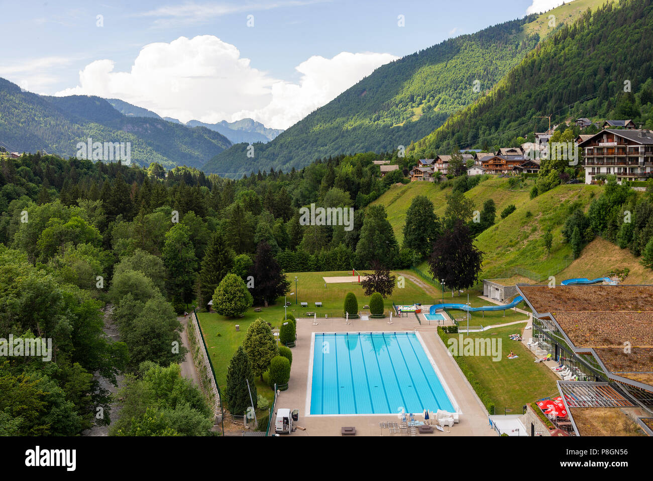 Aerial View of the Beautiful Swimming Pool Complex in Morzine on a ...