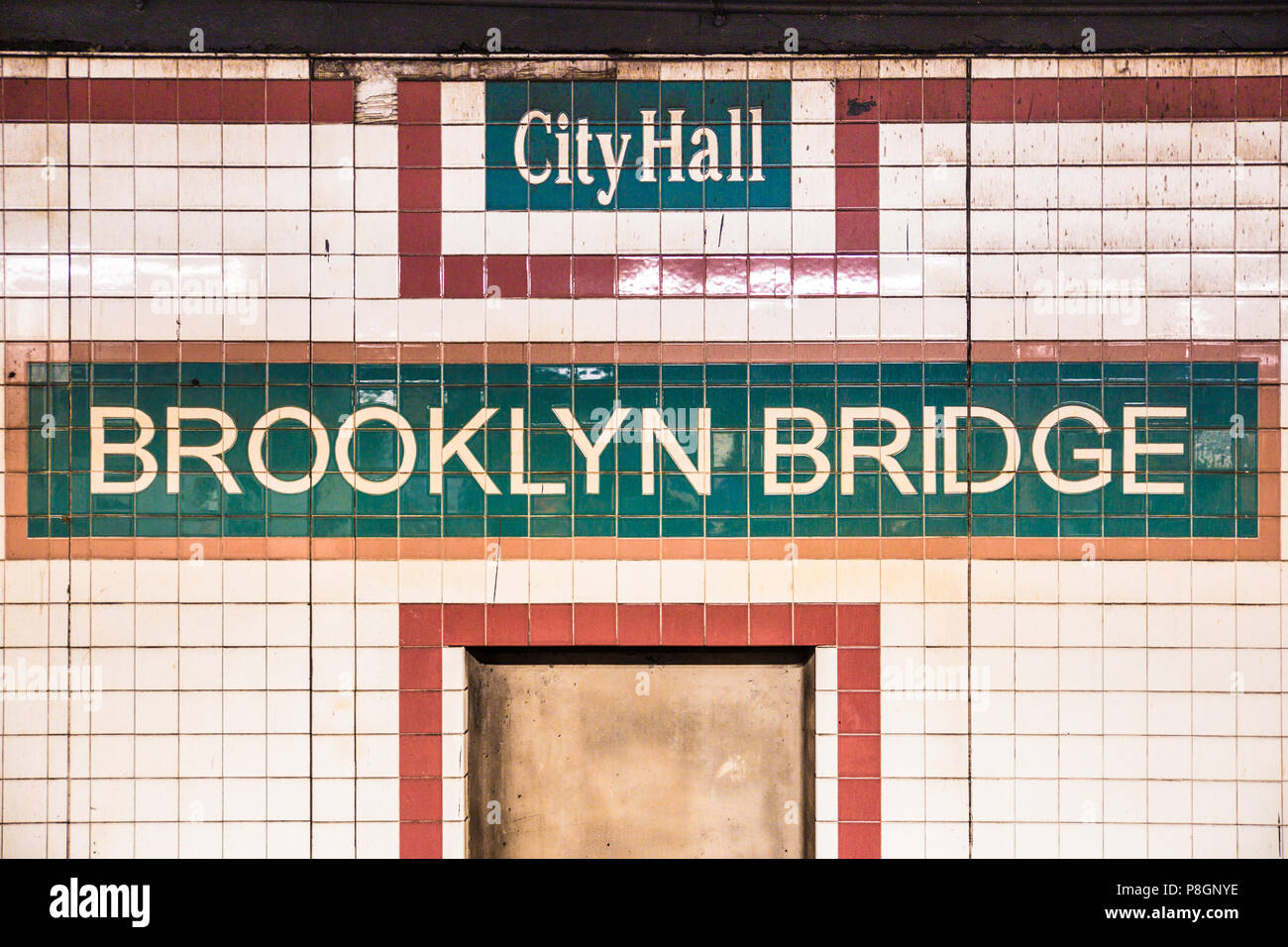 New York City subway station at City Hall with vintage tile wall and ...