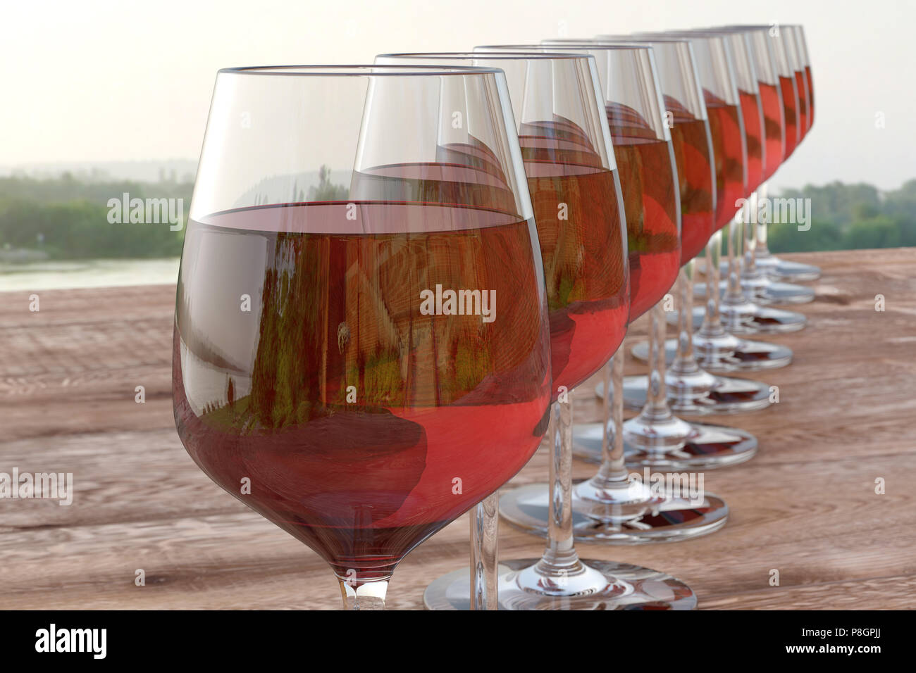 Many glasses of red wine. 3d render Stock Photo - Alamy