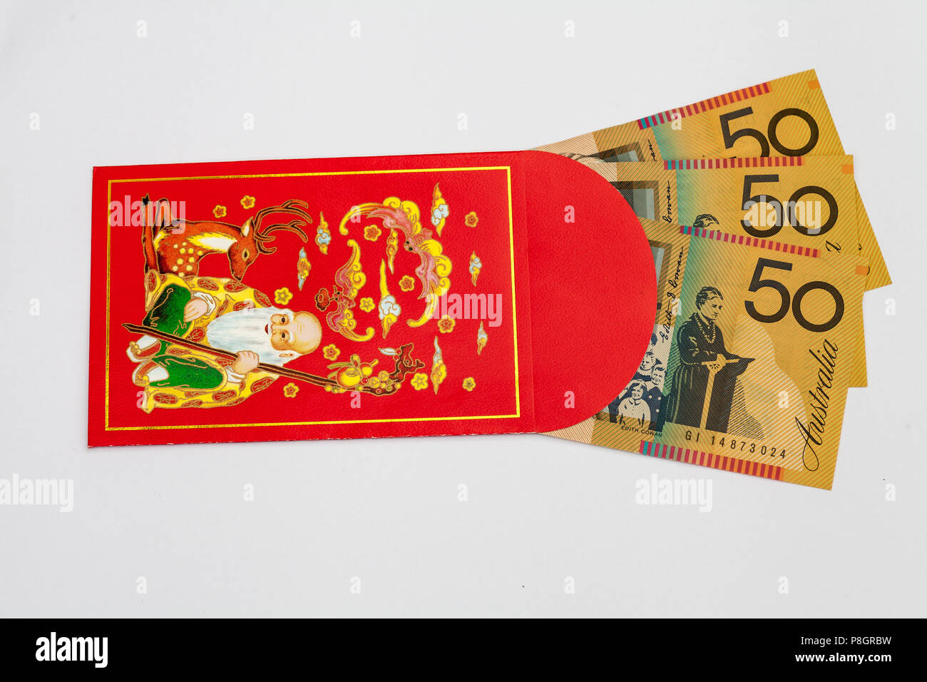 Chinese Red pocket with Australian money inside Stock Photo - Alamy