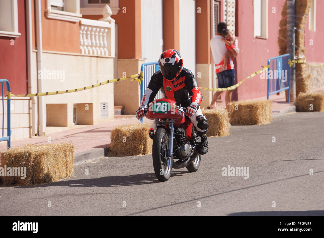 Classic Motorcycle racing in the streets of Alguena, Spain Stock Photo ...