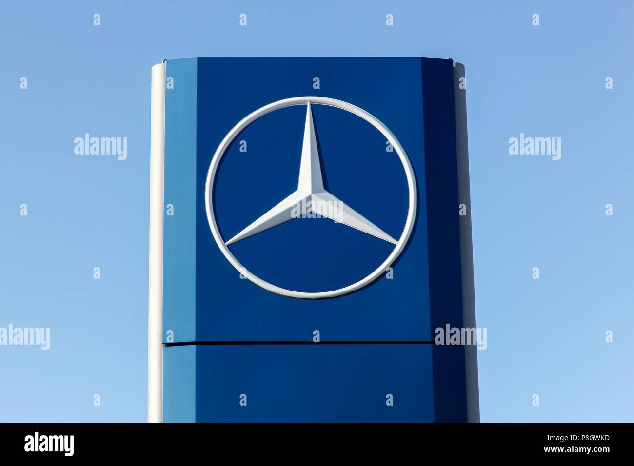 Aarhus, Denmark - August 8, 2015: Mercedes logo on a facade. Mercedes ...