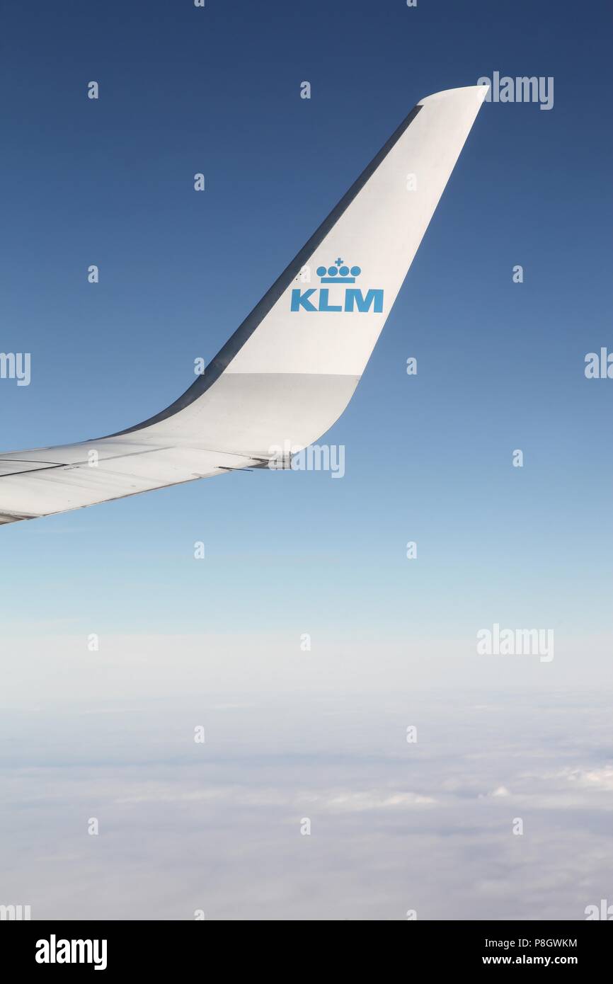 Netherlands - February 1, 2016: KLM aircraft in the sky. KLM is the ...