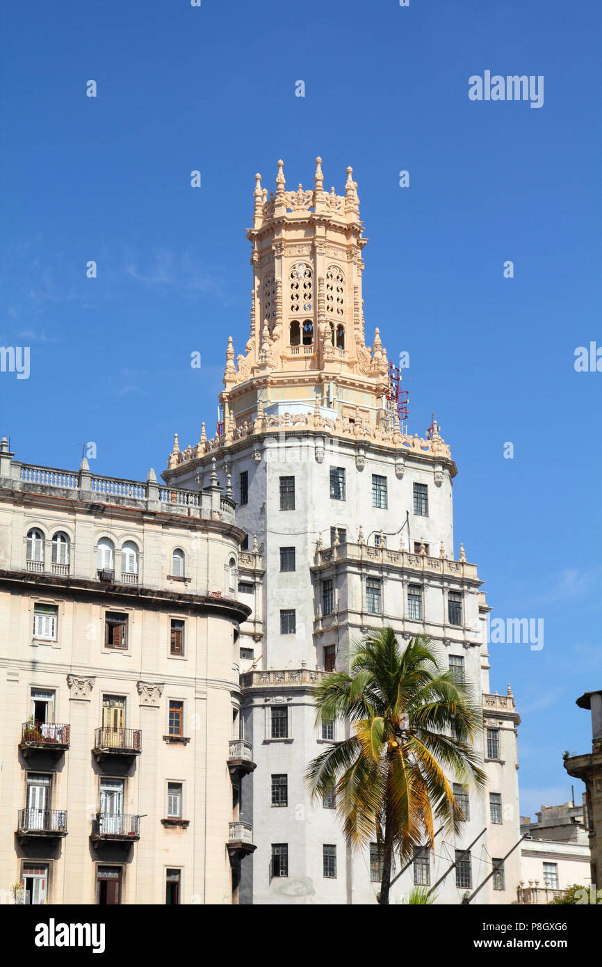 Havana, Cuba - city architecture. Eclectic buildings and palm trees ...