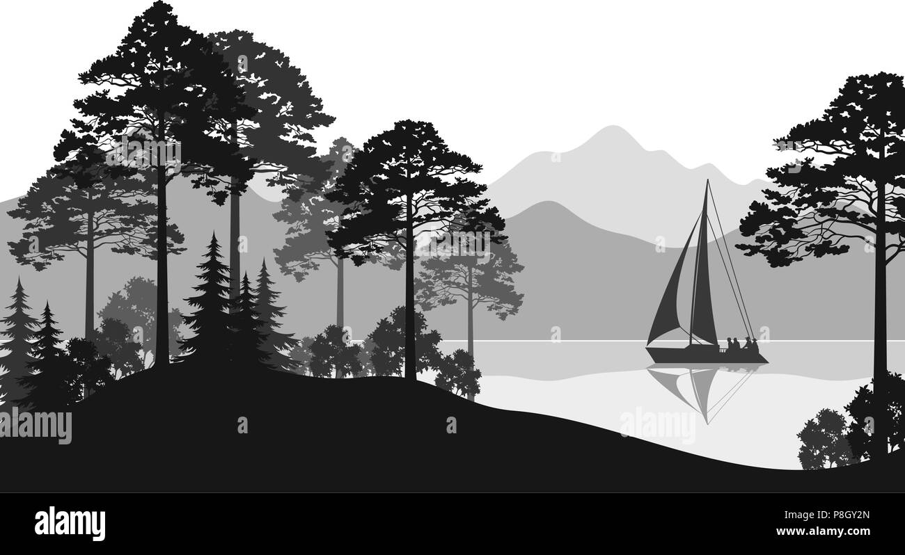 Landscape boat on lake Stock Vector Images - Alamy