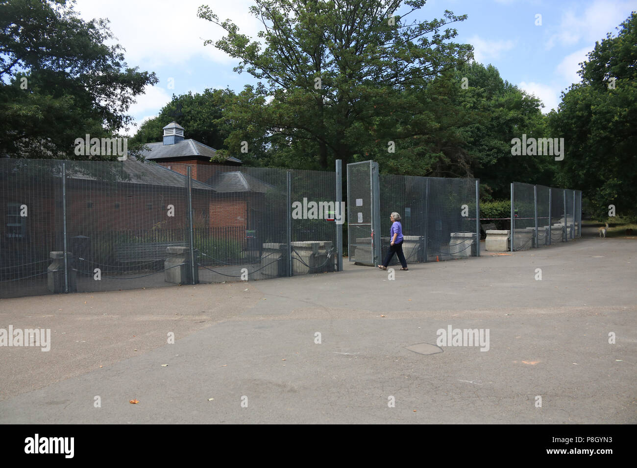London UK. 11th July 2018. Security metal barriers and fences are ...