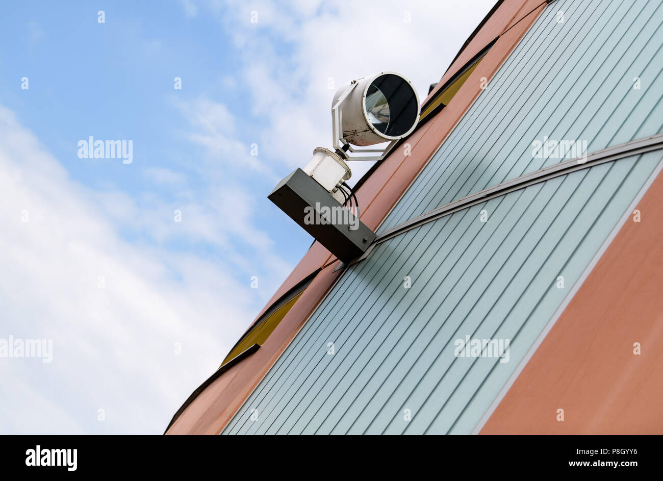 11 July 2018, Munich, Germany: A searchlight is attached to the face of ...