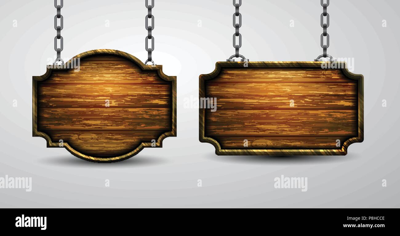 Blank wooden signboard hanging on chain isolated on white background ...