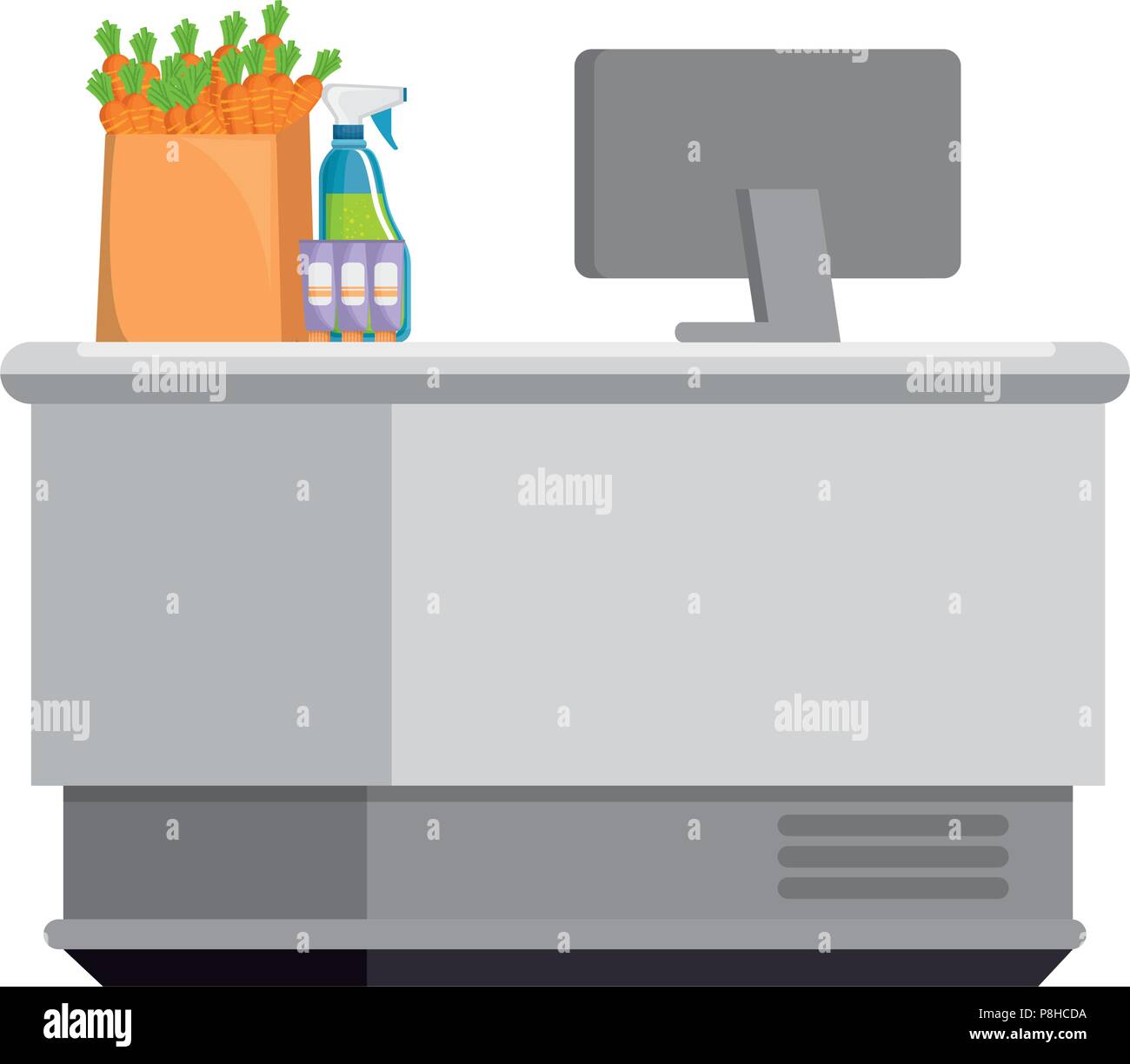 supermarket point of sale desk with computer and products Stock Vector ...