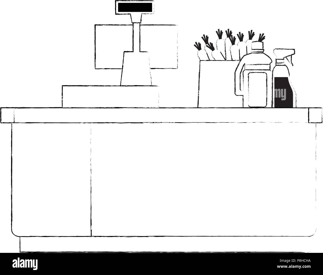 supermarket point of sale desk with computer and products Stock Vector ...