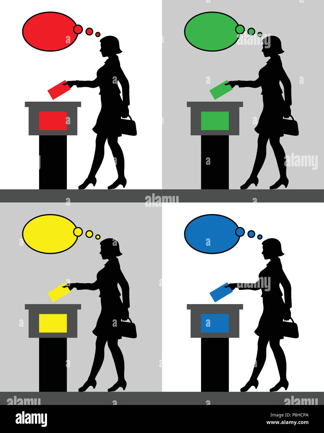 female voter silhouettes with different colored thought bubble by ...