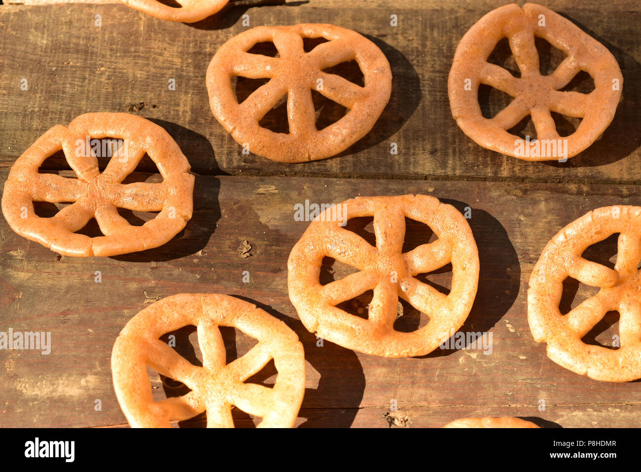 puffy crispy orange color snack food wheel shape Baja, Mexico Stock ...