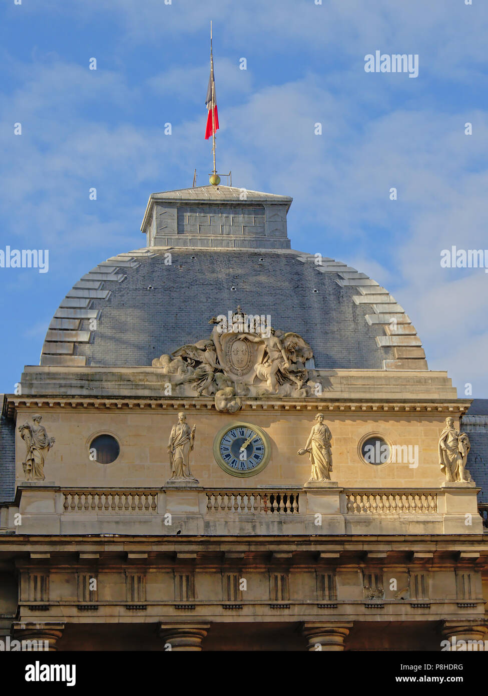 Detail of the Palace of Justice Paris, France: cupola with clock and ...