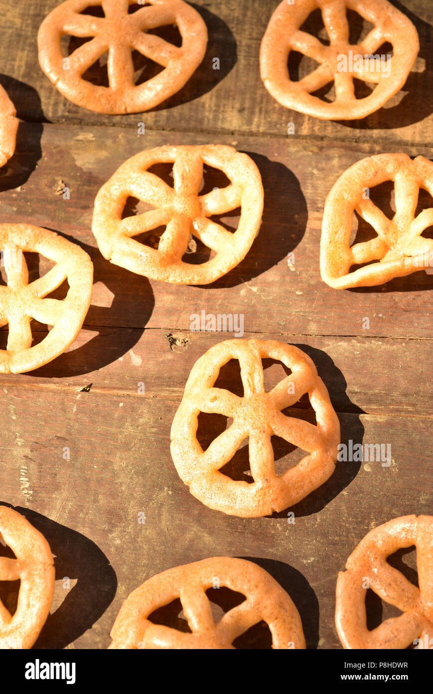 puffy crispy orange color snack food wheel shape Baja, Mexico Stock ...