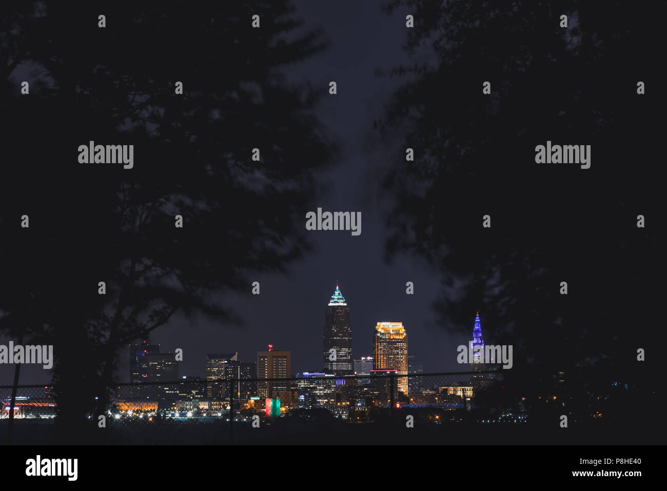 Cleveland skyline at night in a park Stock Photo - Alamy