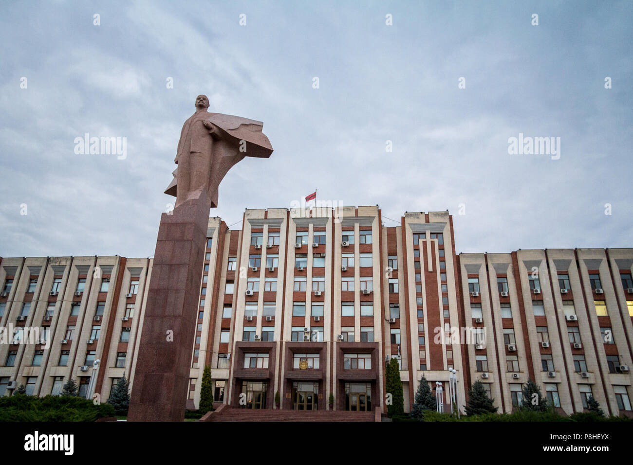 Transnistria Parliament building in Tiraspol with a statue of Vladimir ...