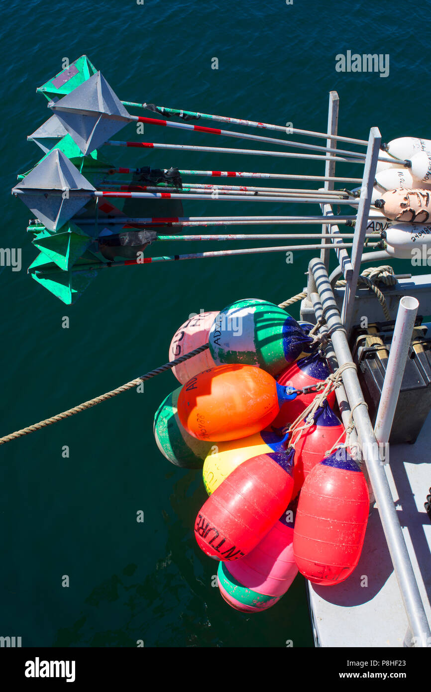 Fishing gear on the stern of a trawler at the pier in Provincetown ...