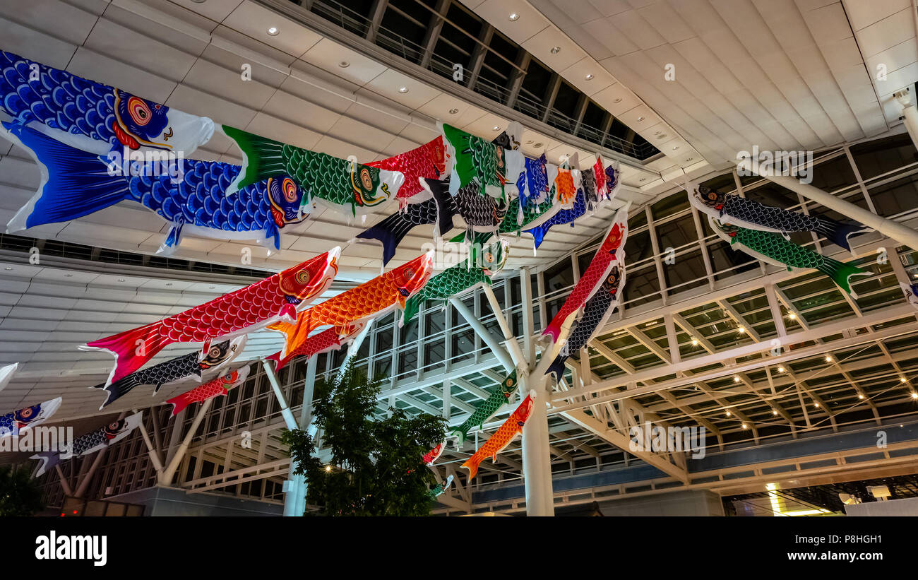 TOKYO, JAPAN - APRIL 19 2018: Koinobori carp-shaped windsocks ...
