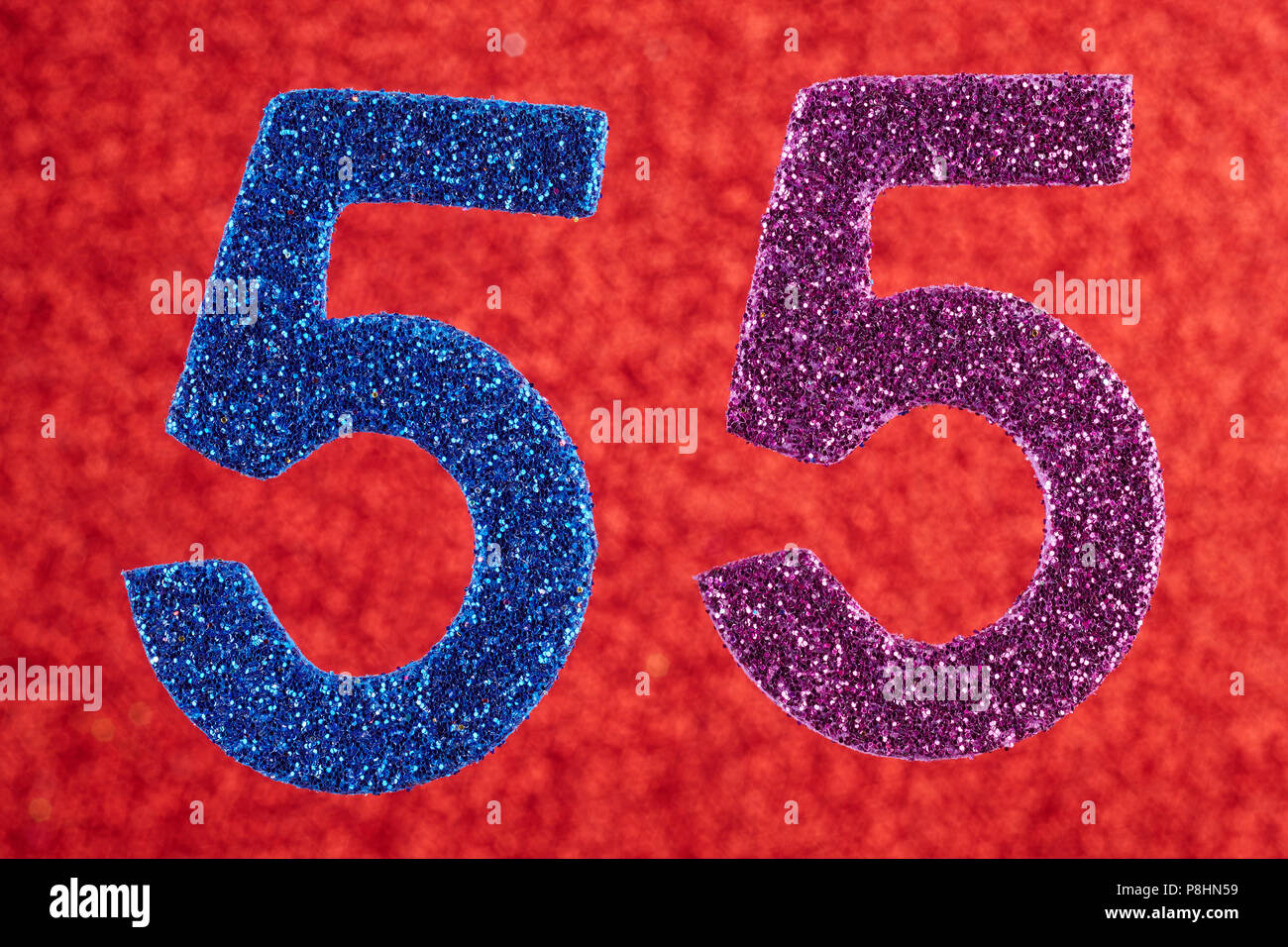 Number fifty-five blue purple over a red background. Anniversary ...