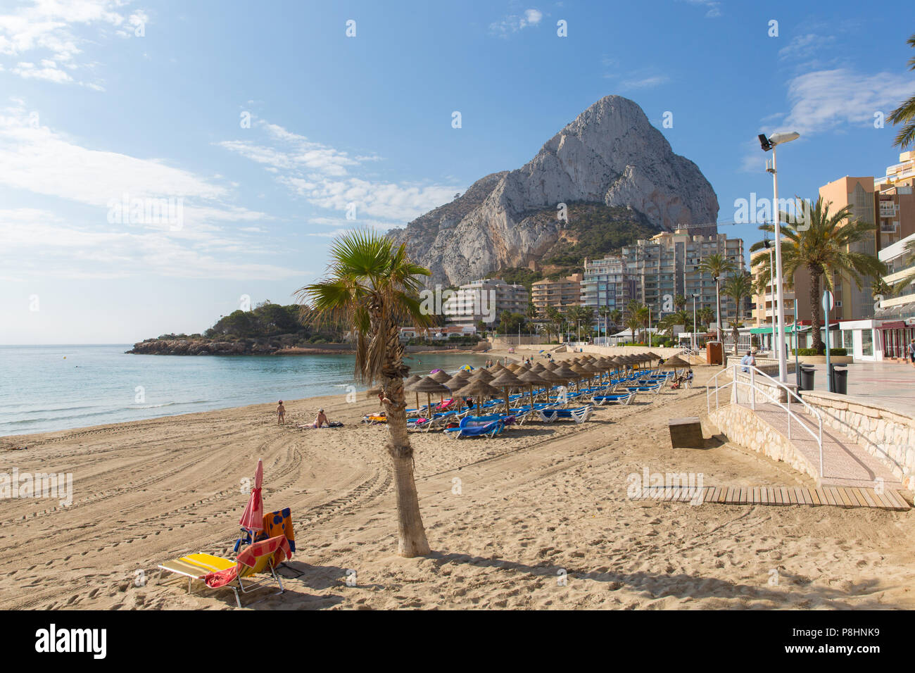 La Fossa beach Calp Costa Blanca Spain with landmark mountain Penon de ...