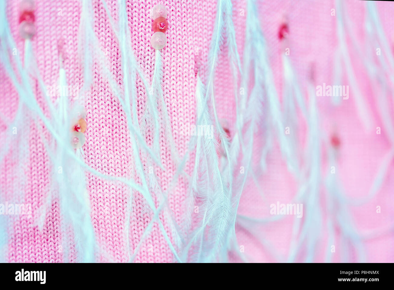 Big soft knitted pink cashmere scarf decorated with sequins and blue ...