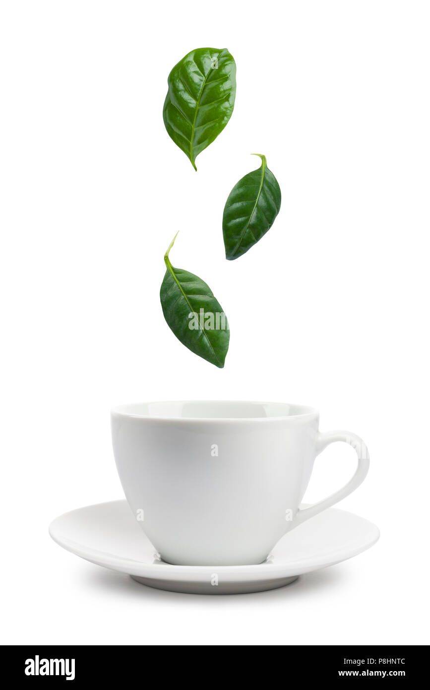 tea leaves falling into tea cup, on white background Stock Photo - Alamy