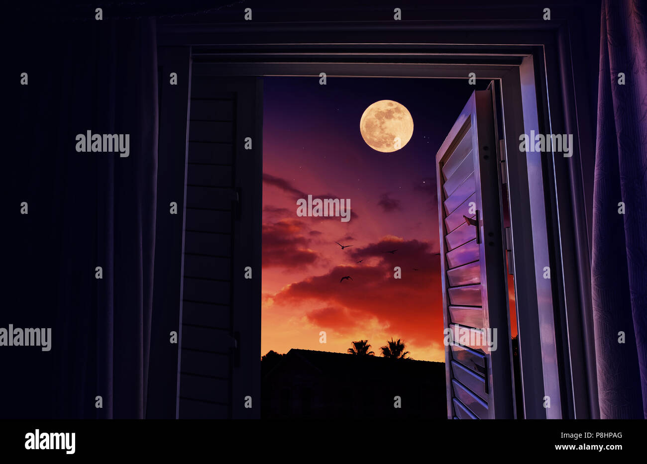 Sunset and moonrise seen from an open window. Surreal scene with giant ...