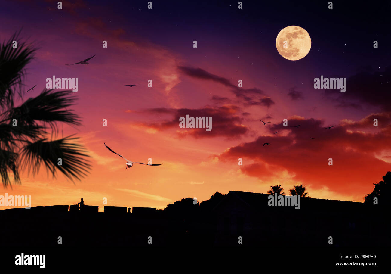 Tropical scenery with sunset and moonrise. Surreal scene with giant ...
