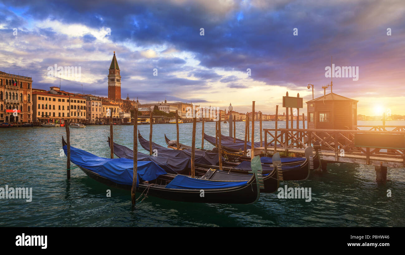 Grand Canal with gondolas in Venice, Italy. Sunset view of Venice Grand ...