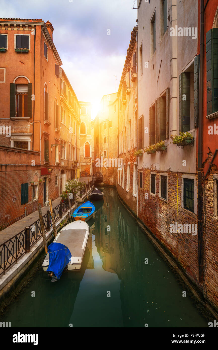 View of the street canal in Venice, Italy. Colorful facades of old ...