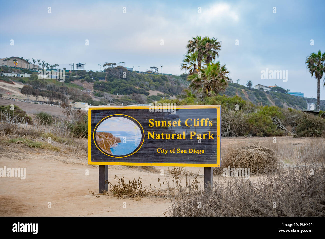 Entrance sign of the beautiful Sunset Cliffs Natural Park at San Diego ...