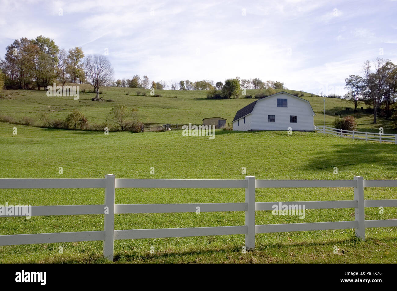 A farm with a white split rail fence Stock Photo - Alamy