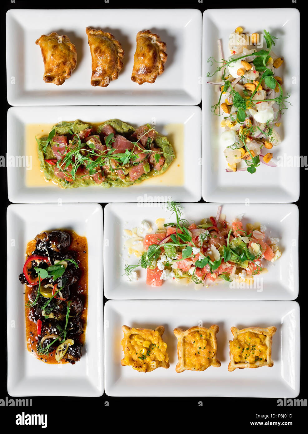 Top-down photography of the brunch selection composed of six dishes ...