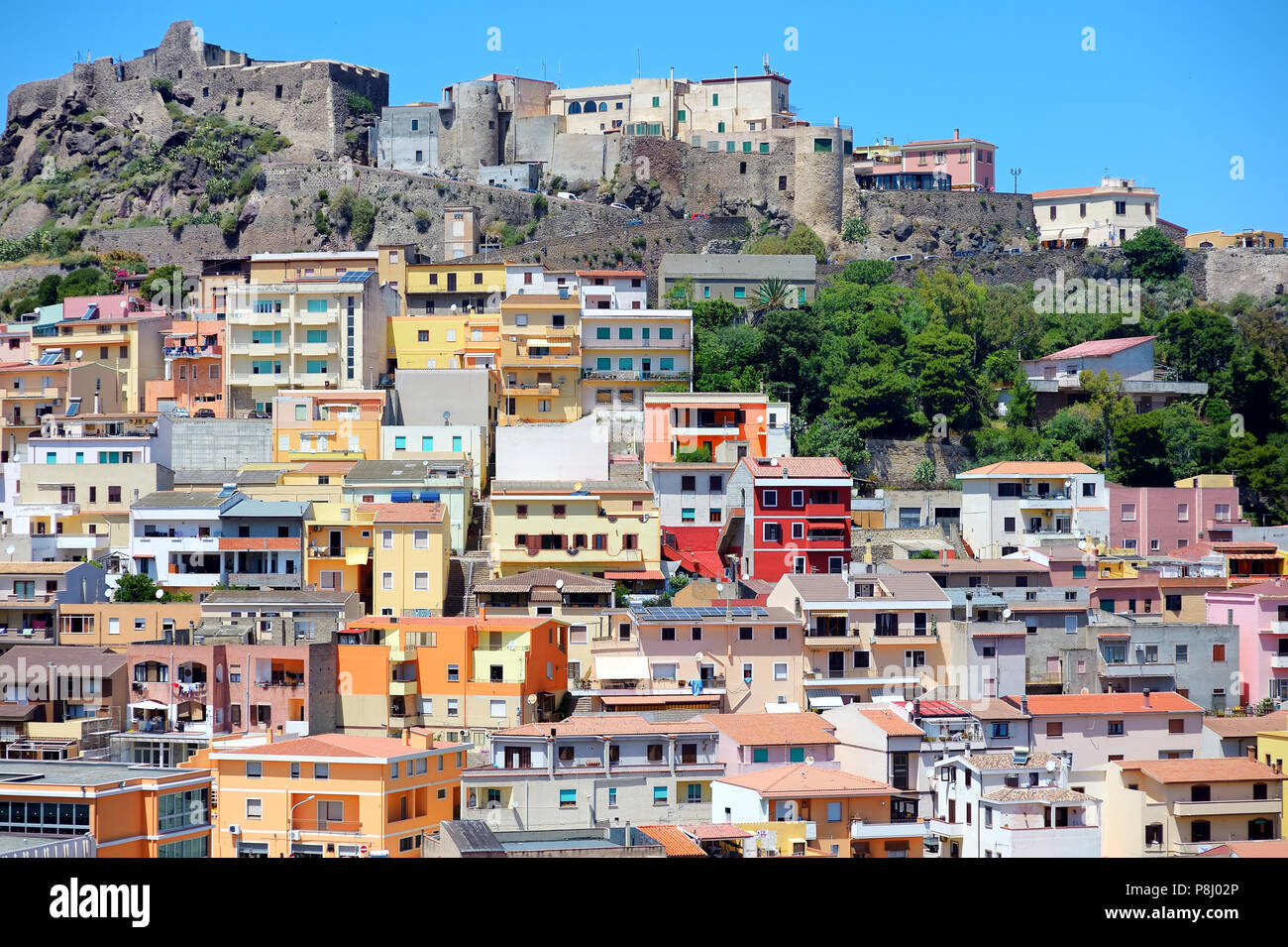 Colorful houses and a castle of Castelsardo town in Sardinia Stock ...