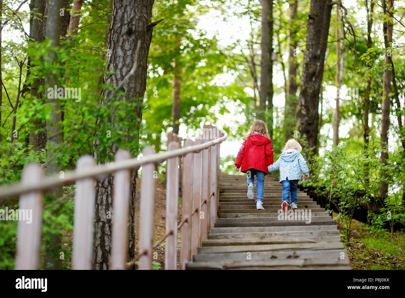 Two little sisters walking up stairs in summer park on beautiful sunny ...