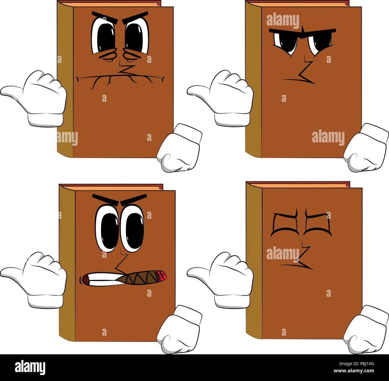 Books with pointing hand behind his back. Cartoon book collection with ...