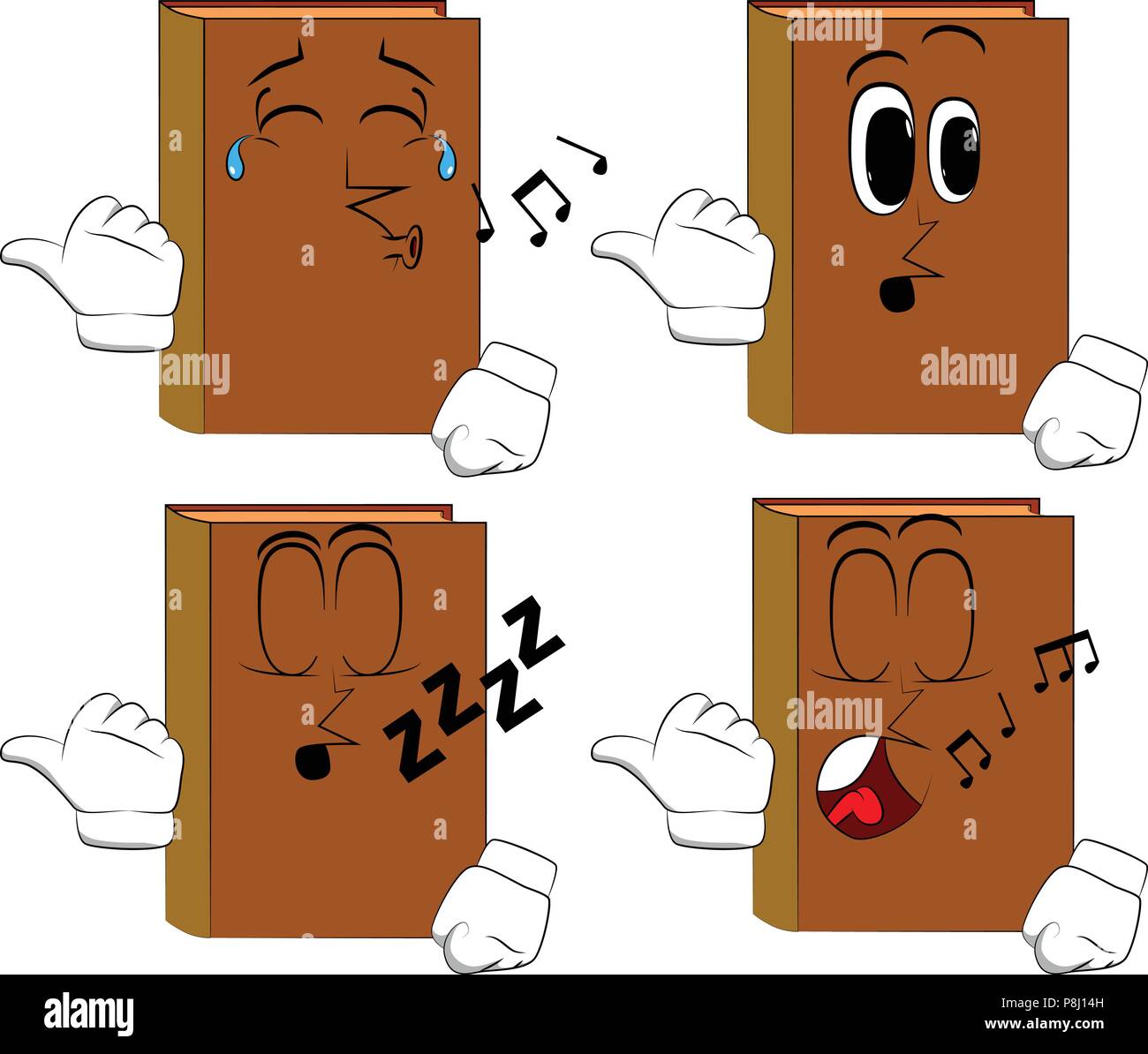 Books with pointing hand behind his back. Cartoon book collection with ...